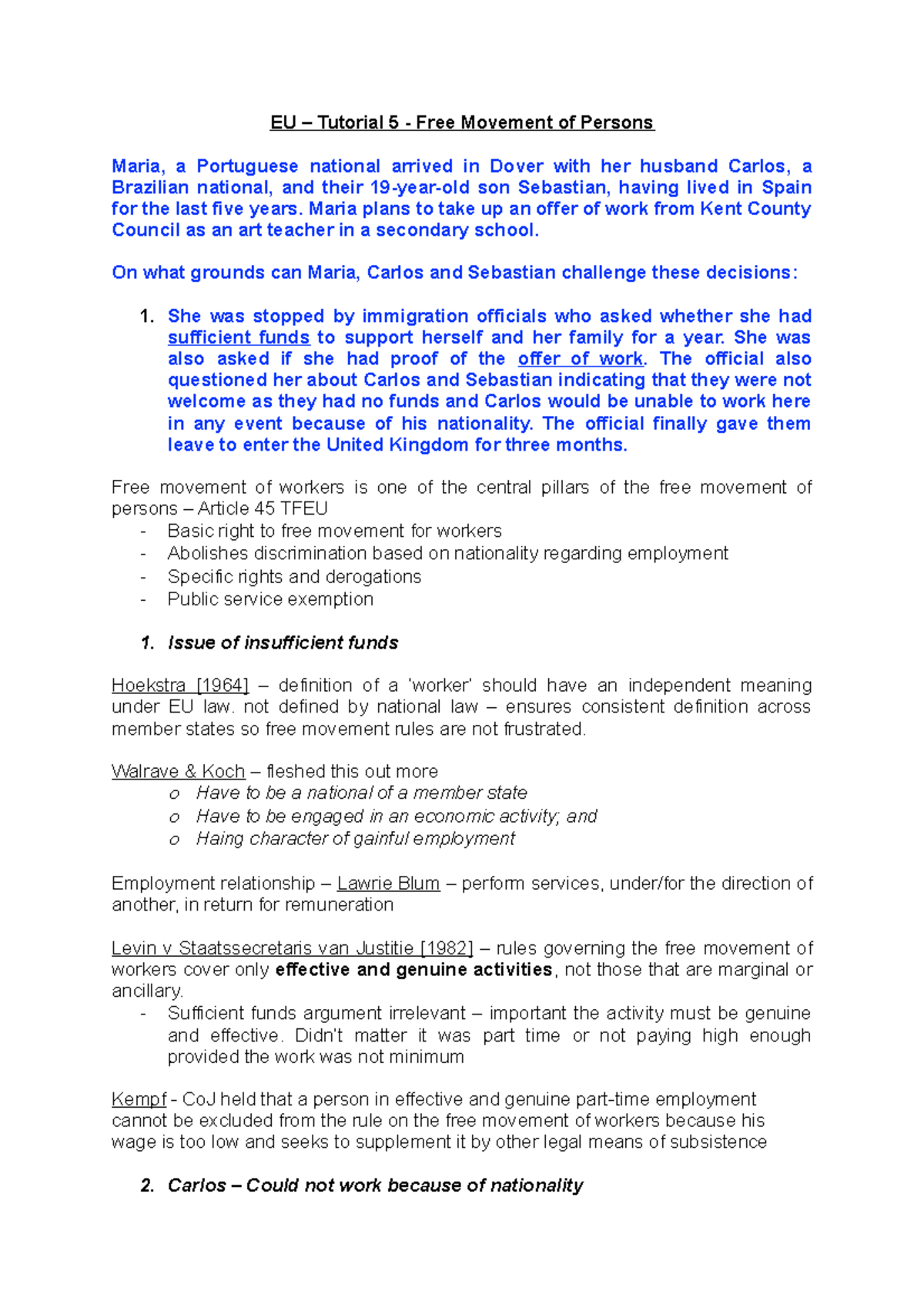 EU – Tutorial 5 - Free movement of persons - EU – Tutorial 5 - Free ...
