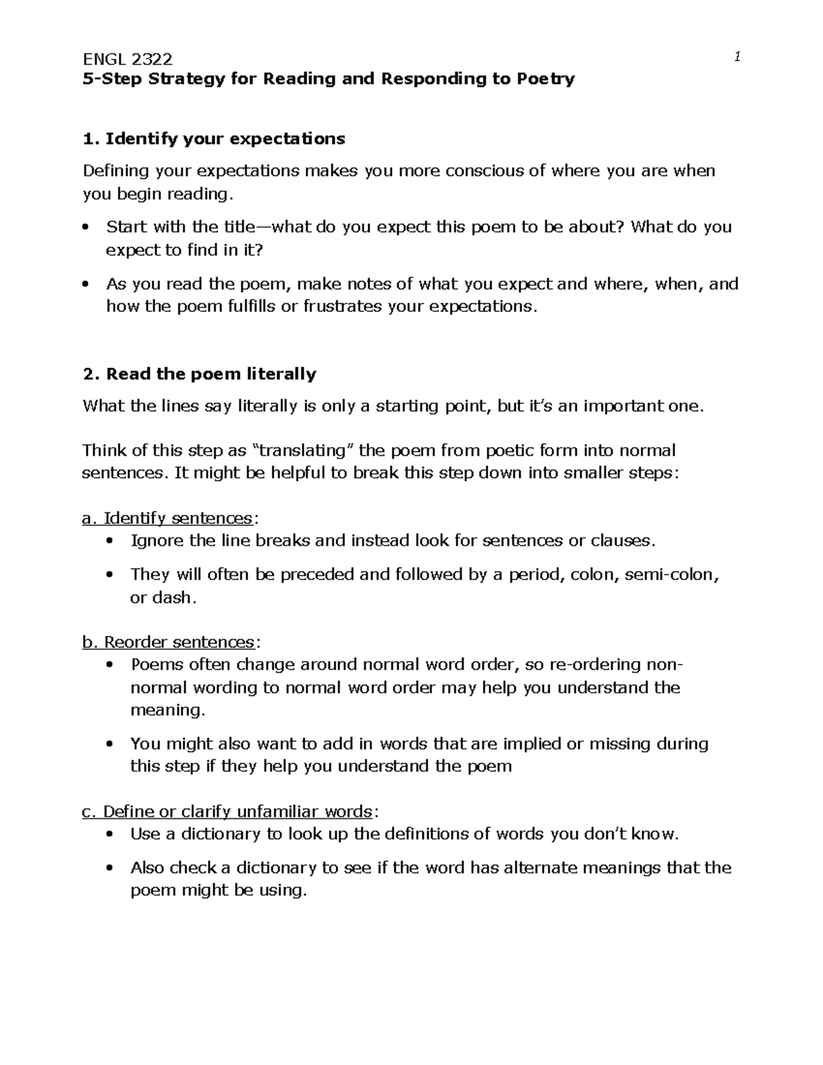 Responding Poetry Brit Lit F20 - ENGL 2322 5-Step Strategy for Reading ...