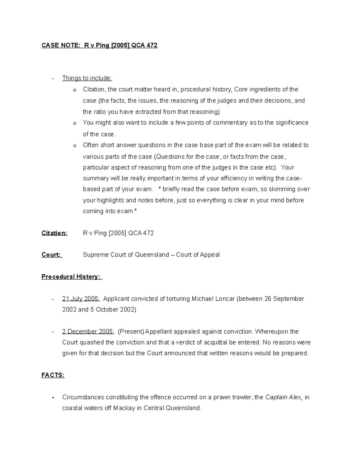 CASE NOTE for exam - Case Note - CASE NOTE: R v Ping QCA 472 Things to ...