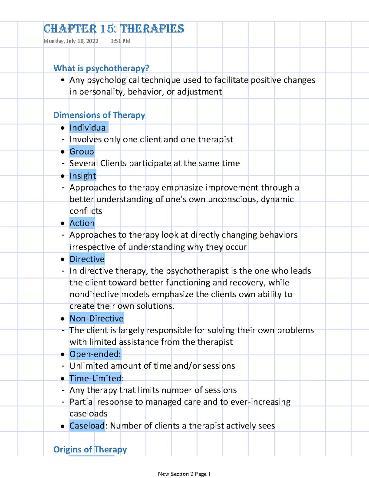 Chapter 15 Therapies - These are the notes on different kinds of ...