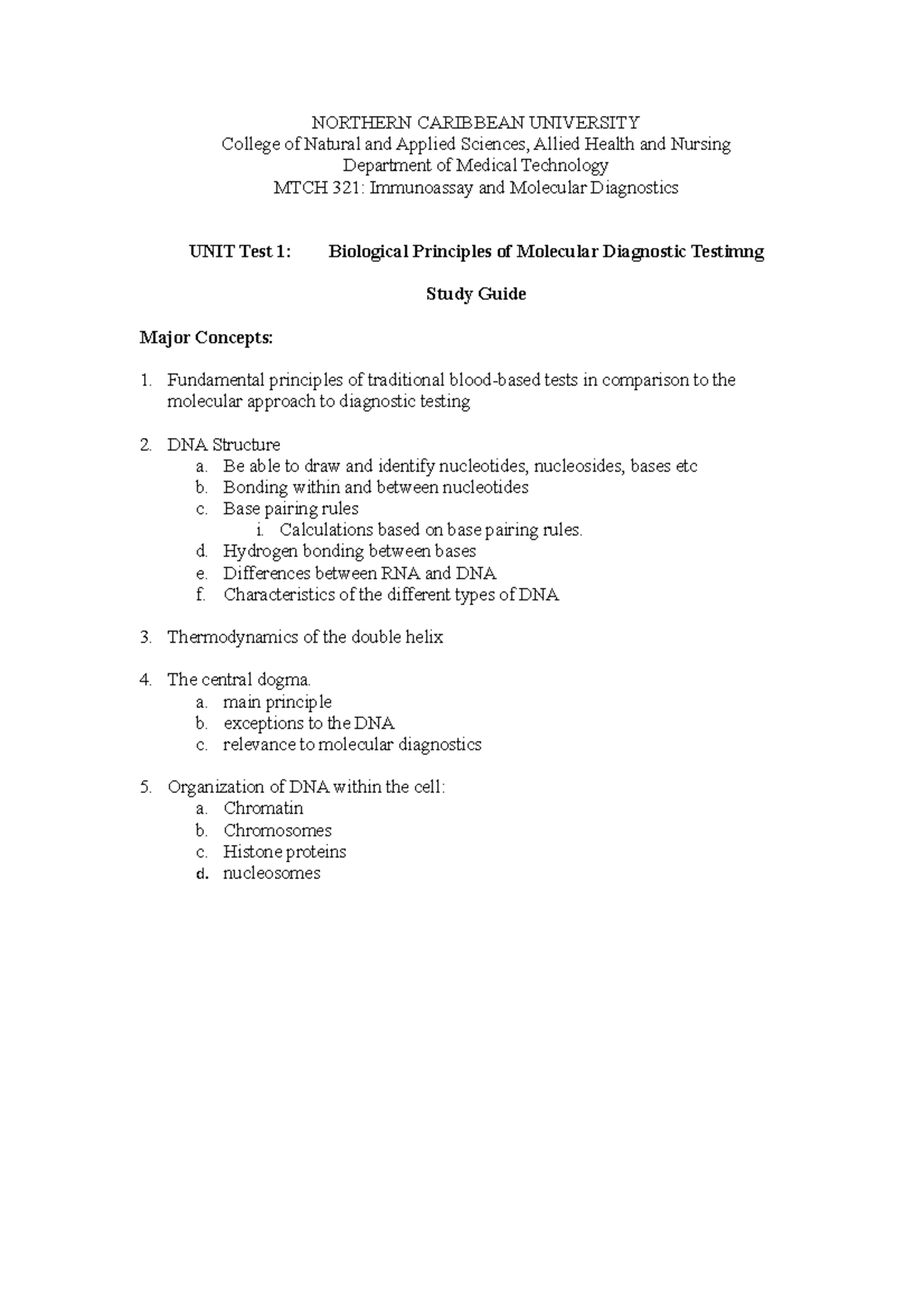 Study guide - Unit test 1 - NORTHERN CARIBBEAN UNIVERSITY College of ...