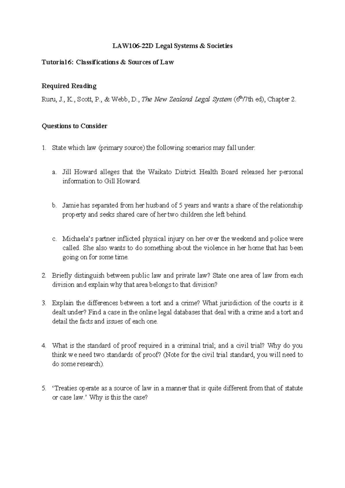 Tutorial 6 questions - LAW106-22D Legal Systems & Societies Tutorial 6 ...