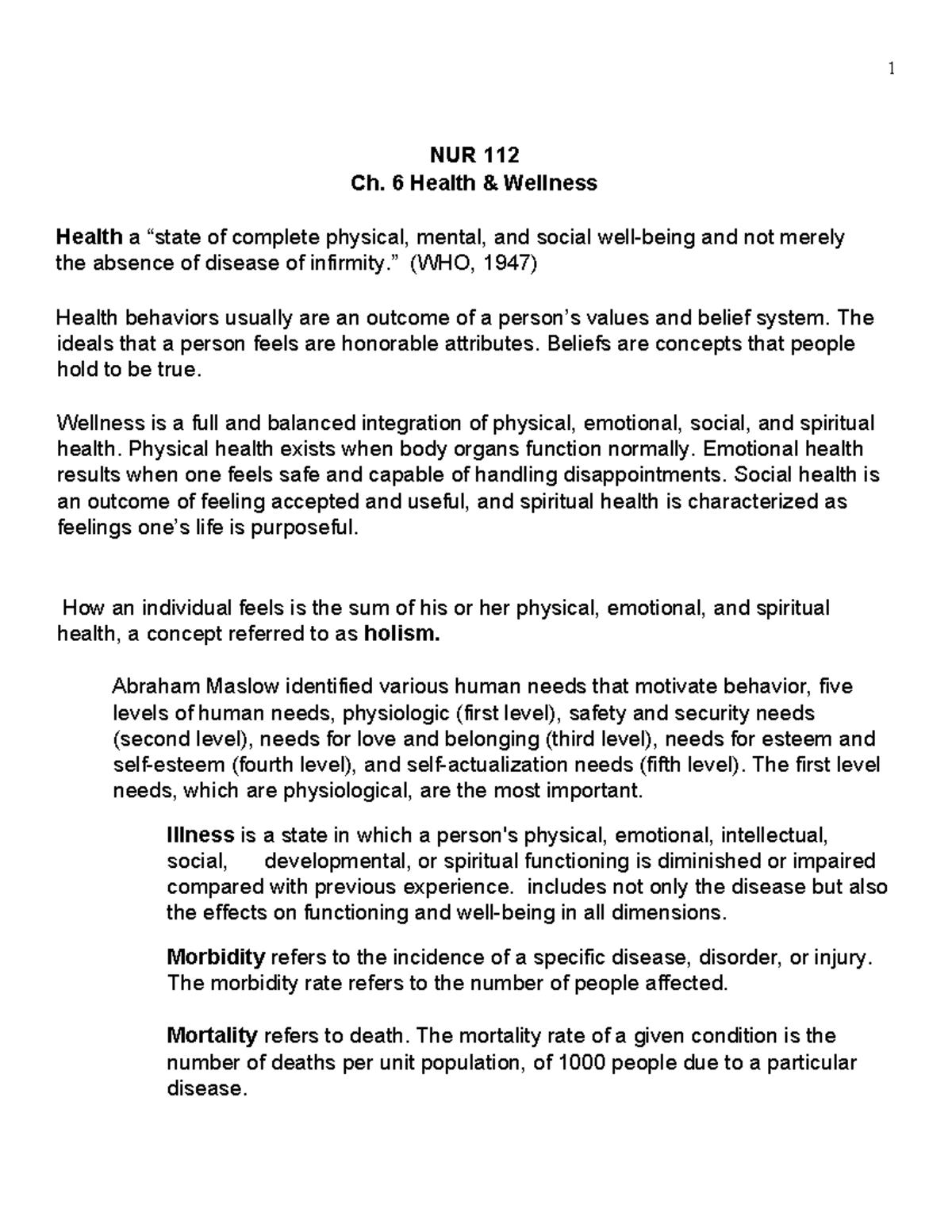 Health/wellness - 1 NUR 112 Ch. 6 Health & Wellness Health a “state of ...