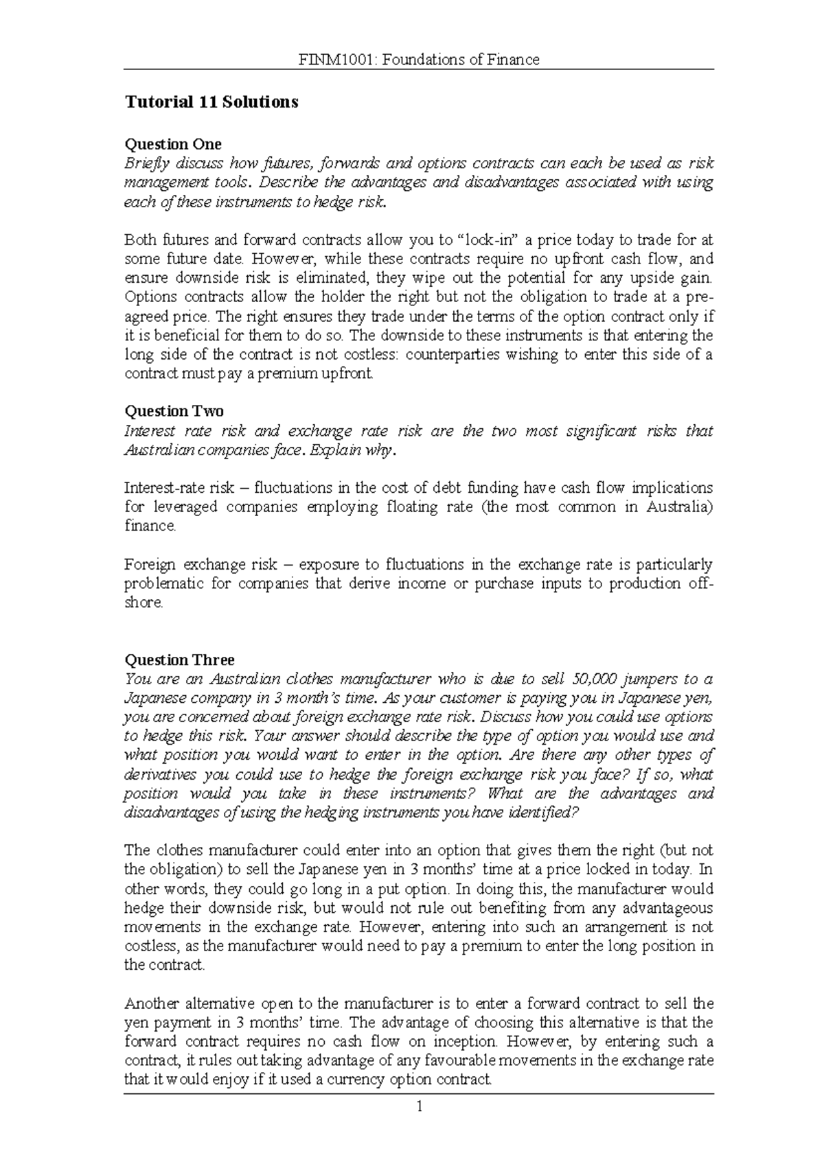 Tutorial 11 Solutions - TUT SOLUTION - FINM1001: Foundations of Finance ...