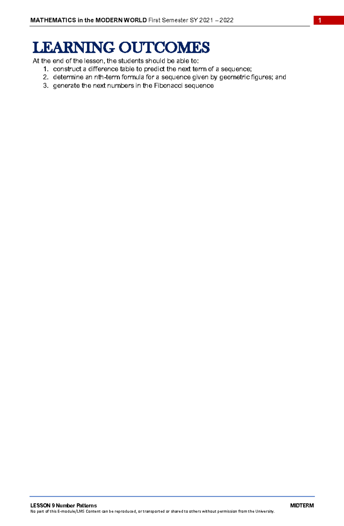 Lesson 9 Number Patterns - LESSON 9 Number Patterns MIDTERM - StuDocu