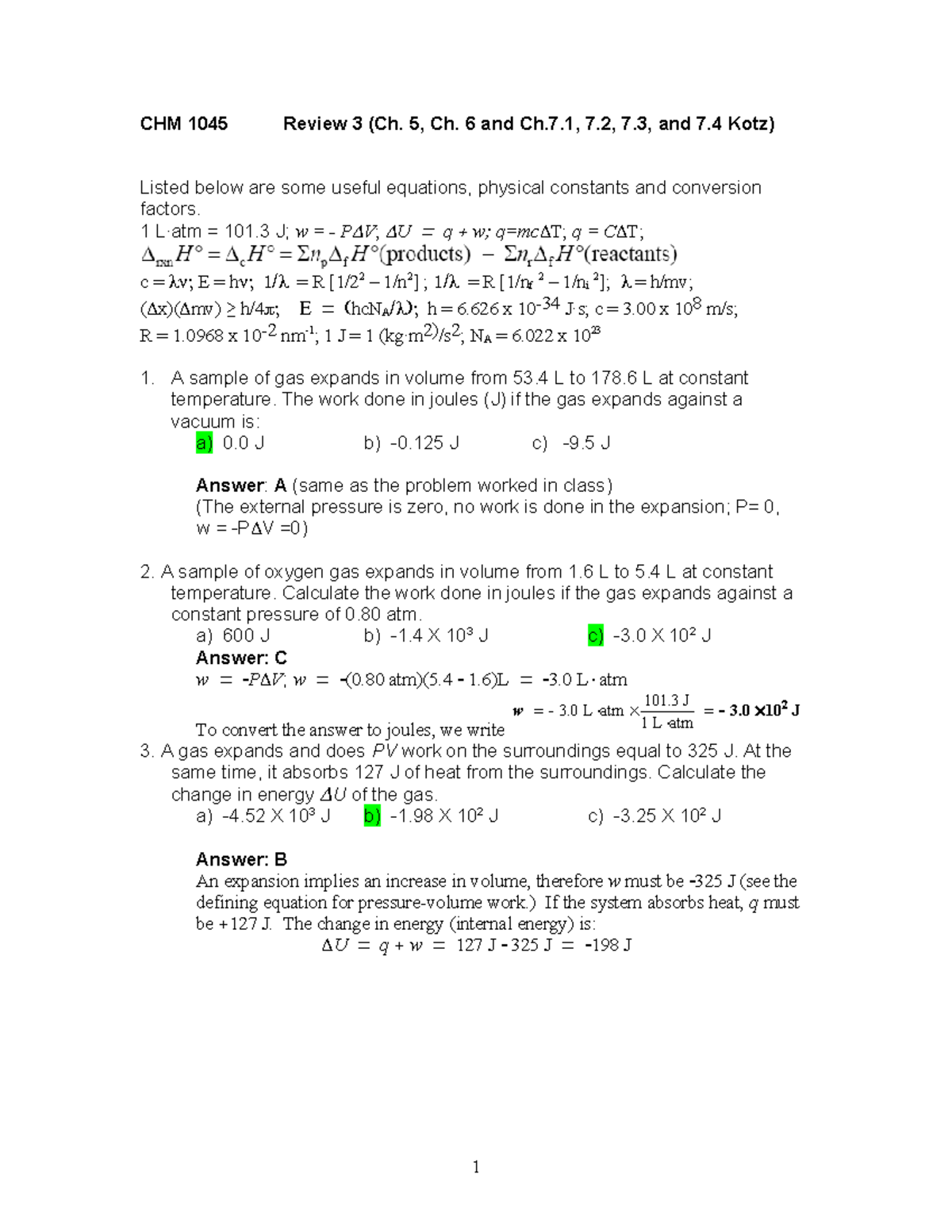 1045 Review 3 Detailed KEY - CHM 1045 Review 3 (Ch. 5, Ch. 6 and Ch.7, 7, 7, and 7 Kotz) Listed ...