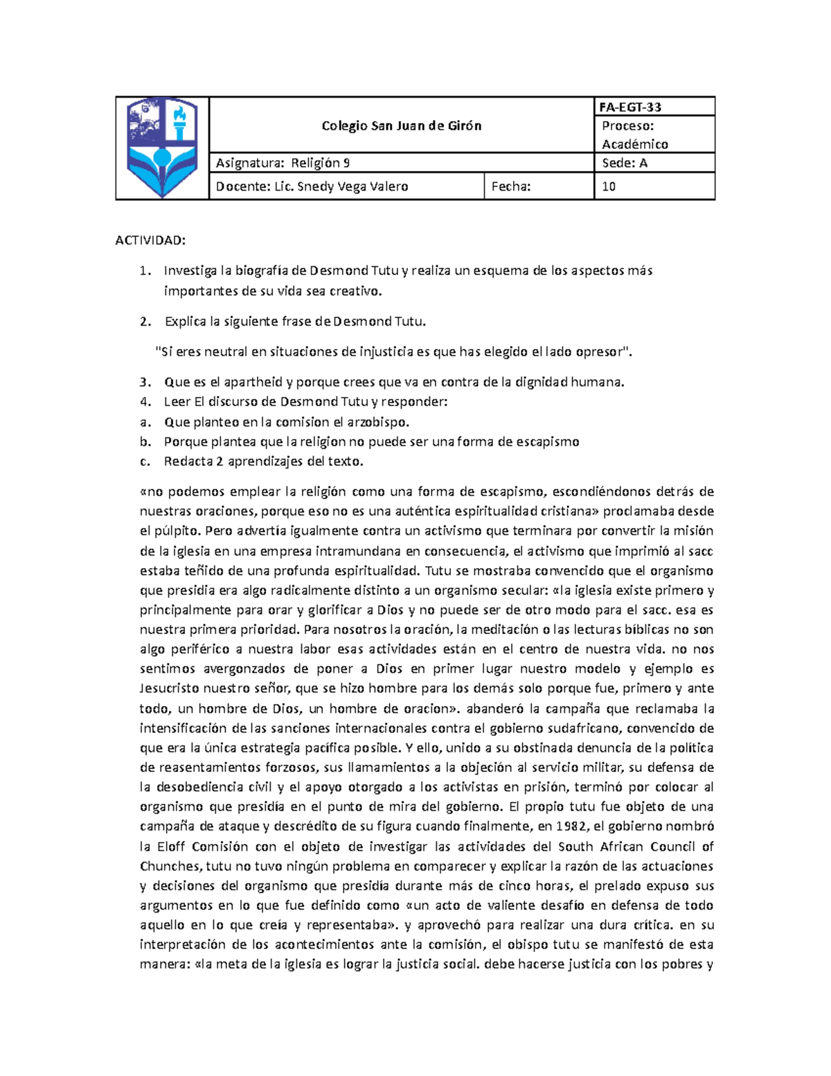 Desmon tutu - solo vine para hacer talleres - Colegio San Juan de Girón ...