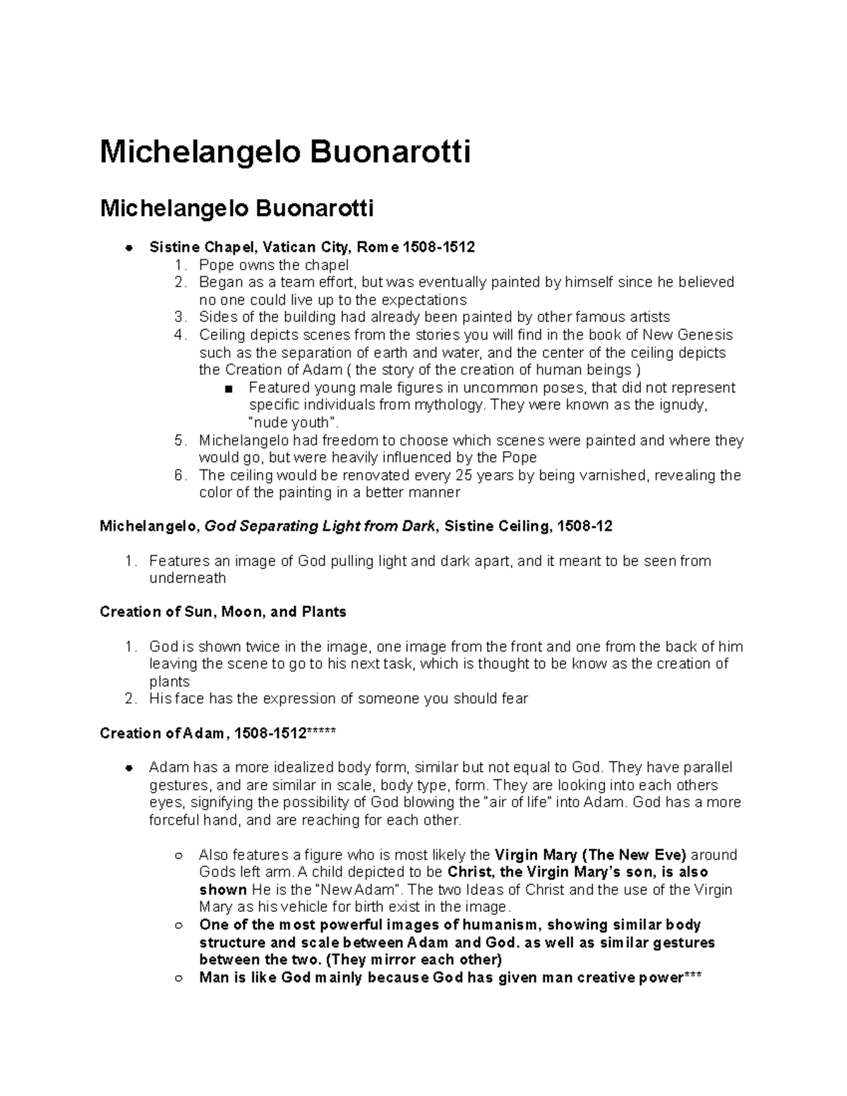 ARTH 102 Notes - Michelangelo Buonarotti Michelangelo Buonarotti ...
