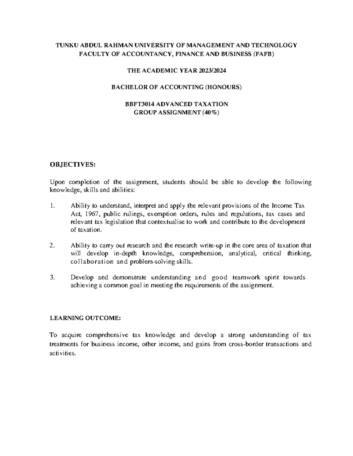 ATX (Grp. Assignment) 2023 - TUNKU ABDUL RAHMAN UNIVERSITY OF MANAGEMENT AND TECHNOLOGY FACULTY ...