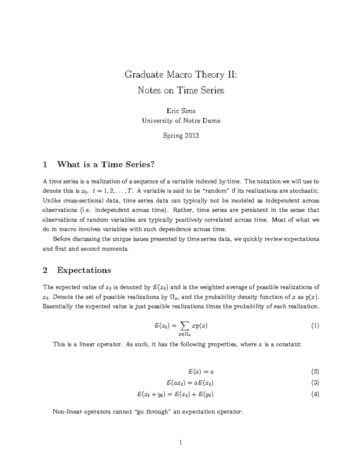 Time series notes sp13 - Lecture notes 1 - Graduate Macro Theory II ...