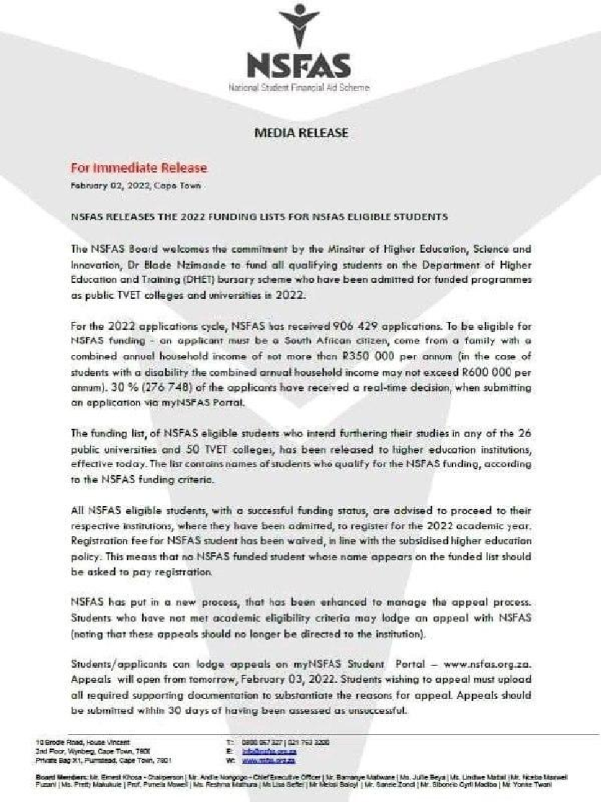 NSFAS National Student Financlal Aid Schemie NB. Appeals that are ...