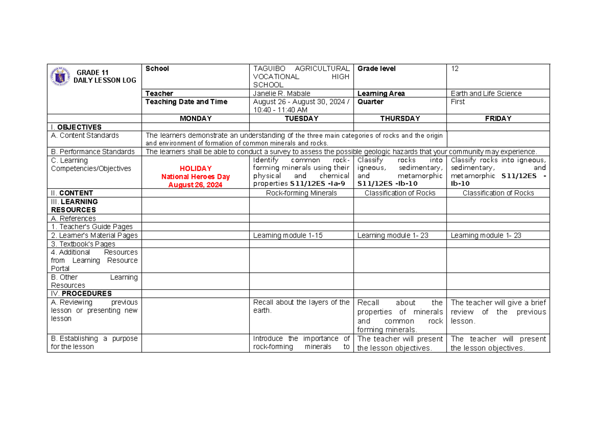 Week 5 August 27-30, 2024 - GRADE 11 DAILY LESSON LOG School TAGUIBO ...