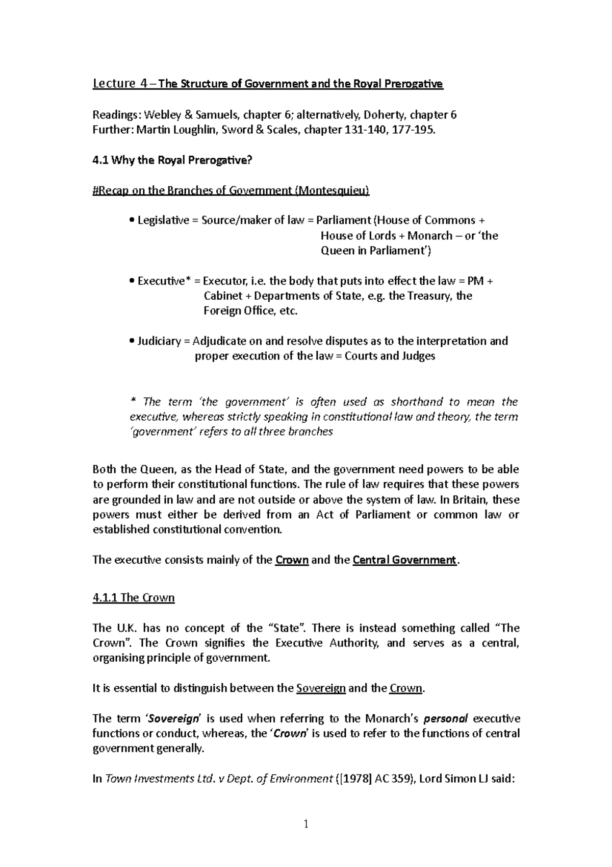 Handout - Lecture 4 - Government and Royal Prerogative - Lecture 4 ...