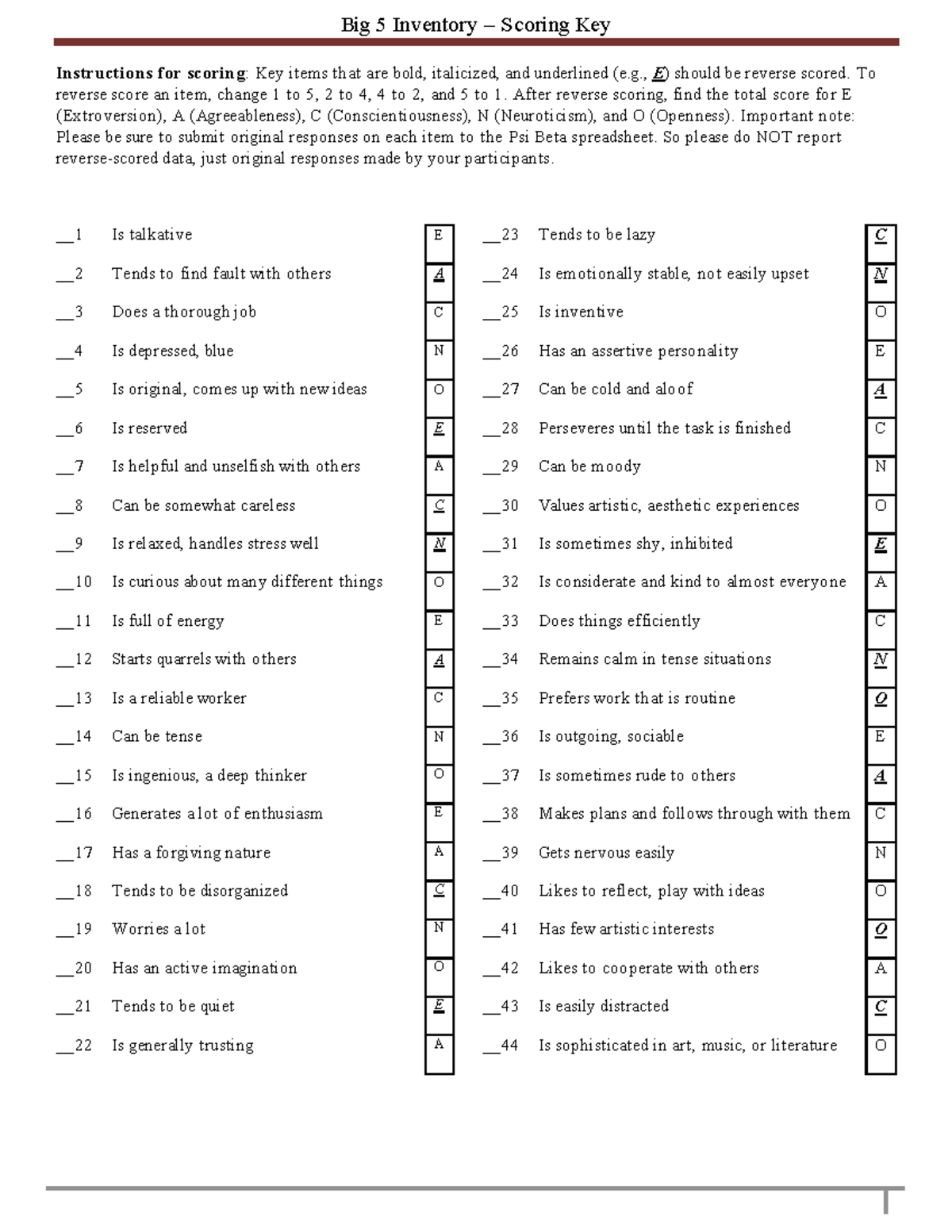 Big Five Inventory key-1 - Big 5 Inventory – Scoring Key Instructio ns ...