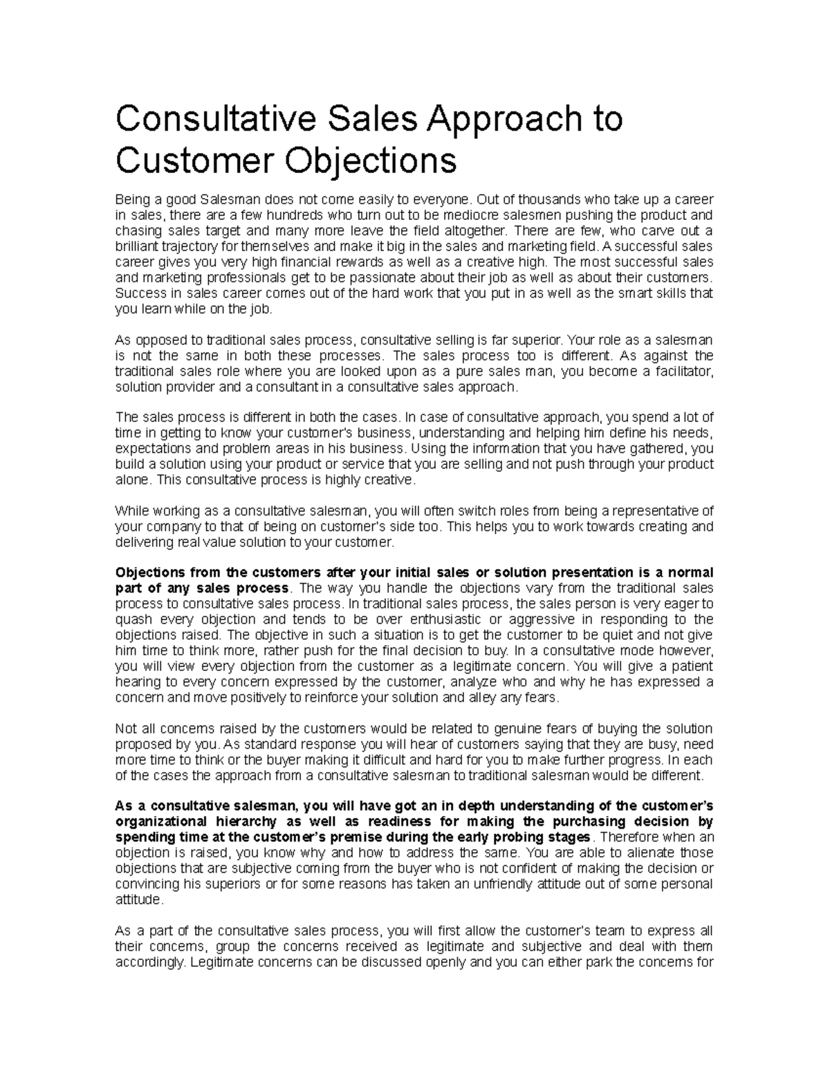 Consultative Selling Managing Customer Objections - Consultative Sales ...