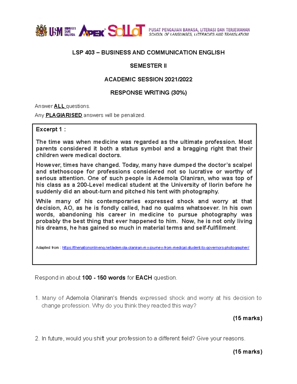 LSP 403 Response Writing Sem 2 21-22 - LSP 403 – BUSINESS AND ...