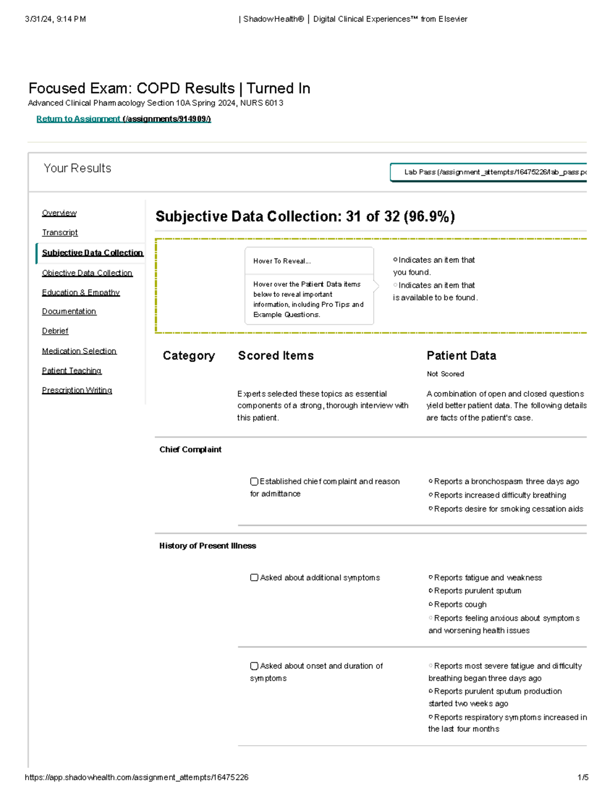 Shadow Health COPD subjective data - Focused Exam: COPD Results ...