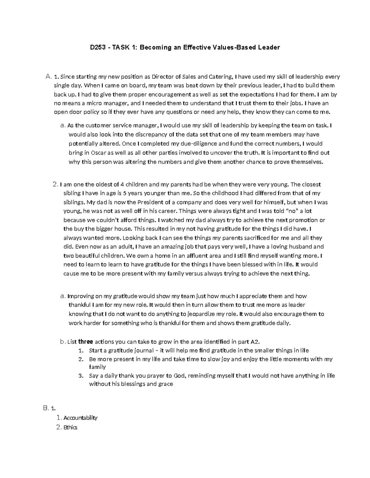 D253 Task 1 - D253 - TASK 1: Becoming an Effective Values-Based Leader ...