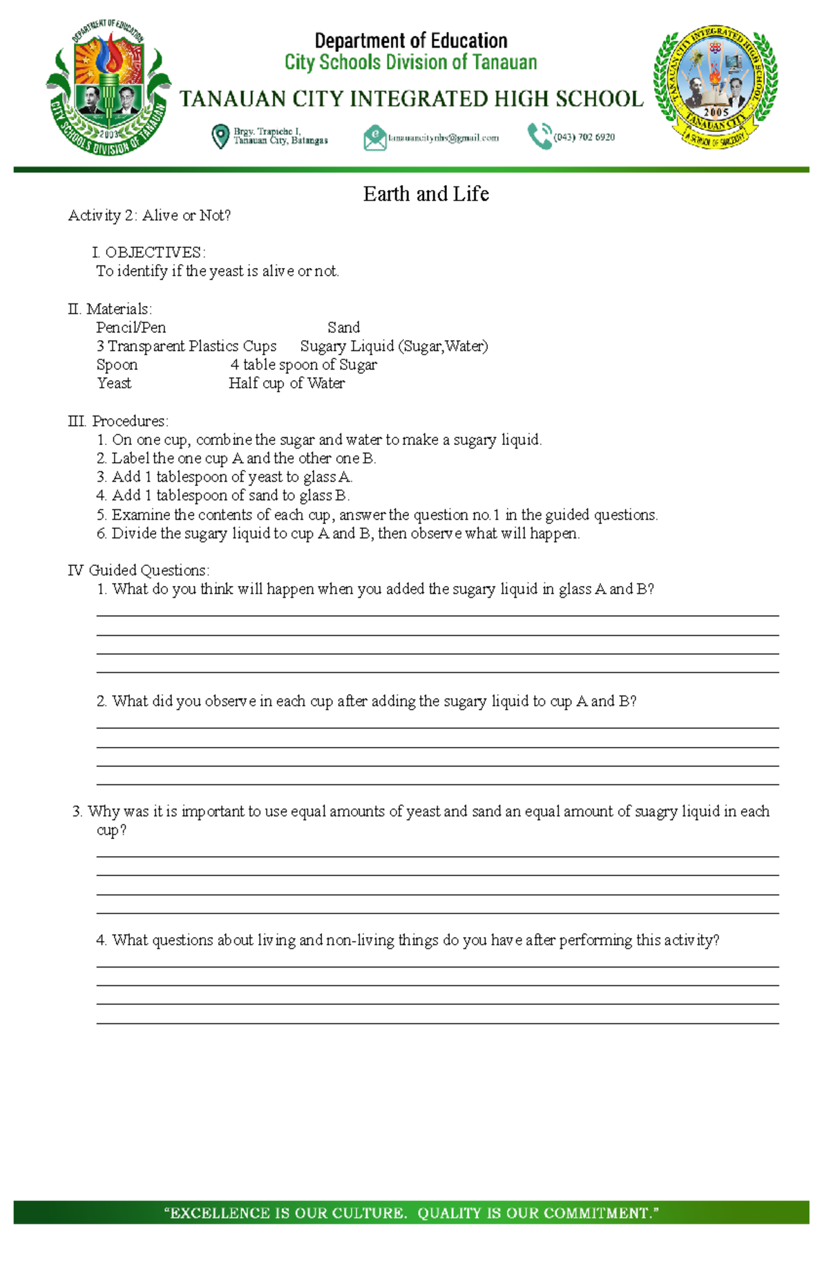 12.1 Laboratory Activity 1 Alive or Not - Earth and Life Activity 2 ...