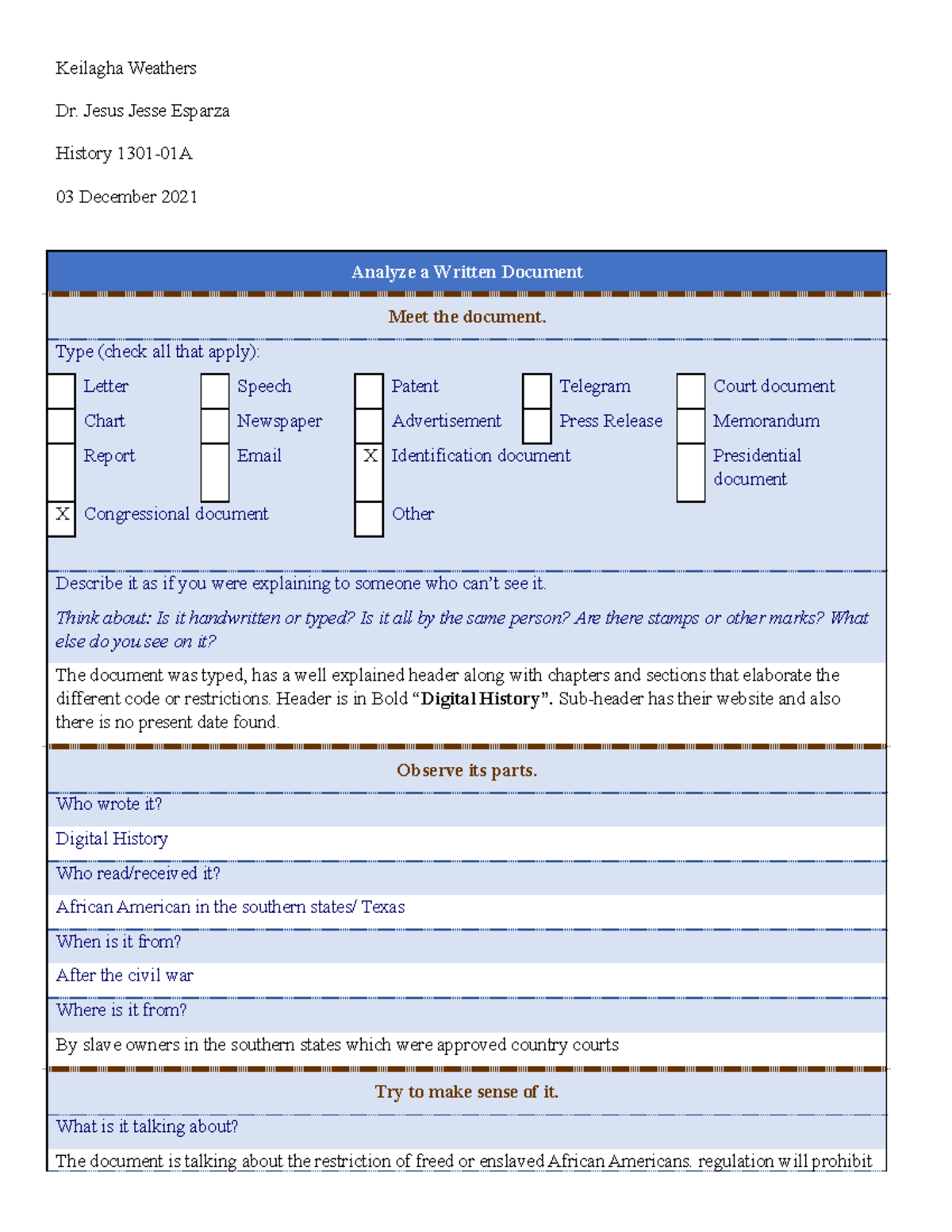 Document Analysis Worksheet - BIOL 439 - Texas Southern - Studocu