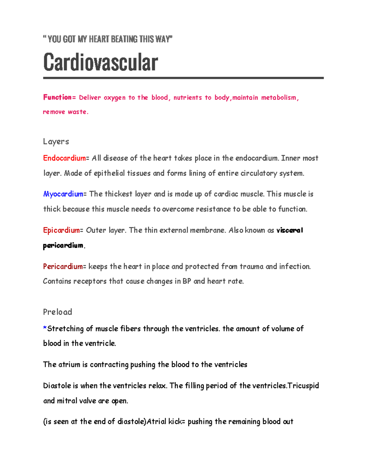 Cardio - Study guide - “ YOU GOT MY HEART BEATING THIS WAY ...