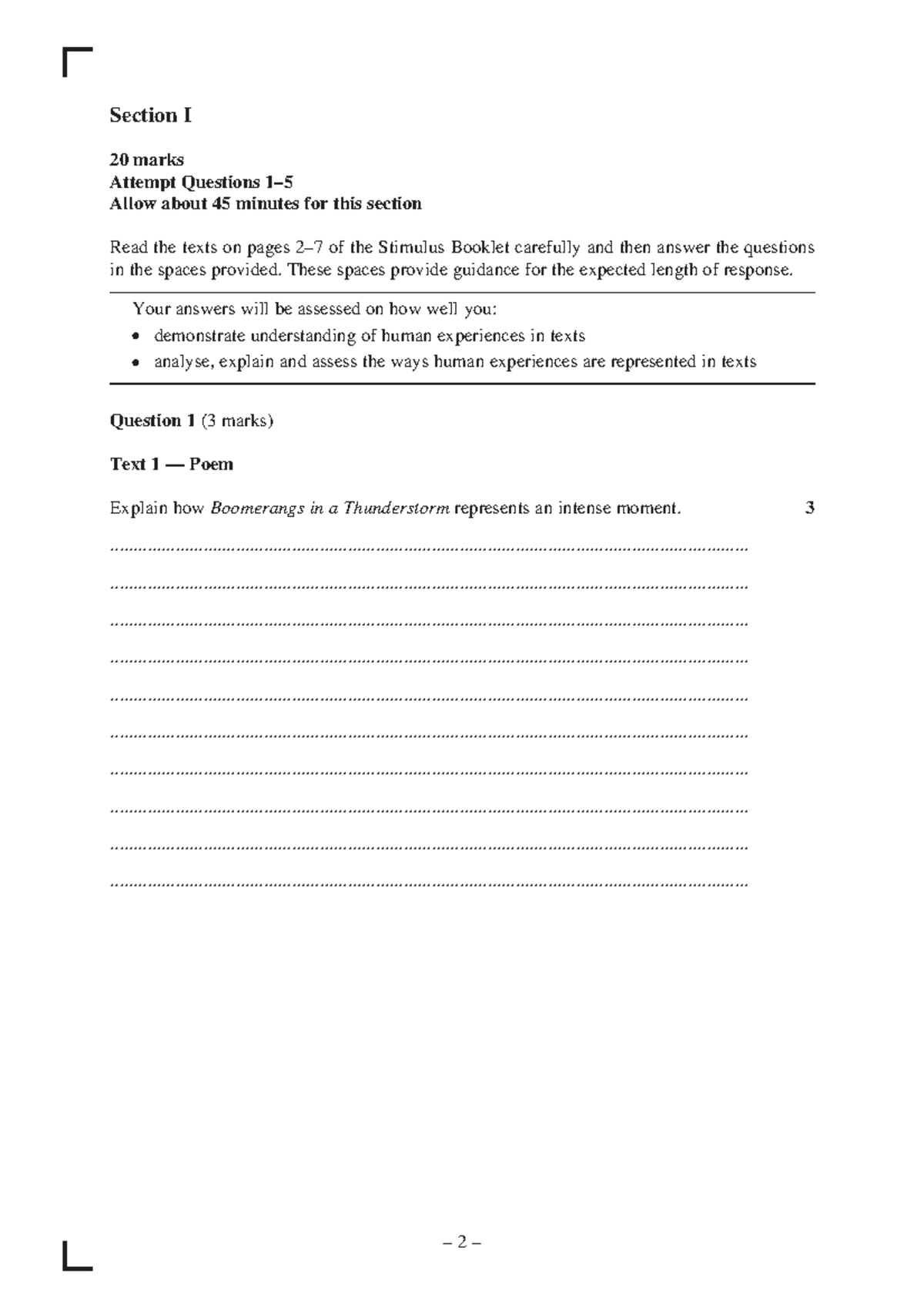 2019 hsc english advanced p1 - Section I 20 marks Attempt Questions 1 ...