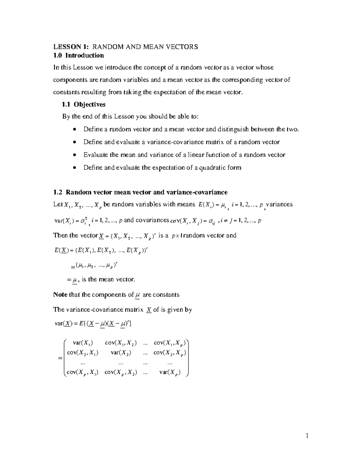 SST304 Lesson 1 - Module - ####### LESSON 1: RANDOM AND MEAN VECTORS ...