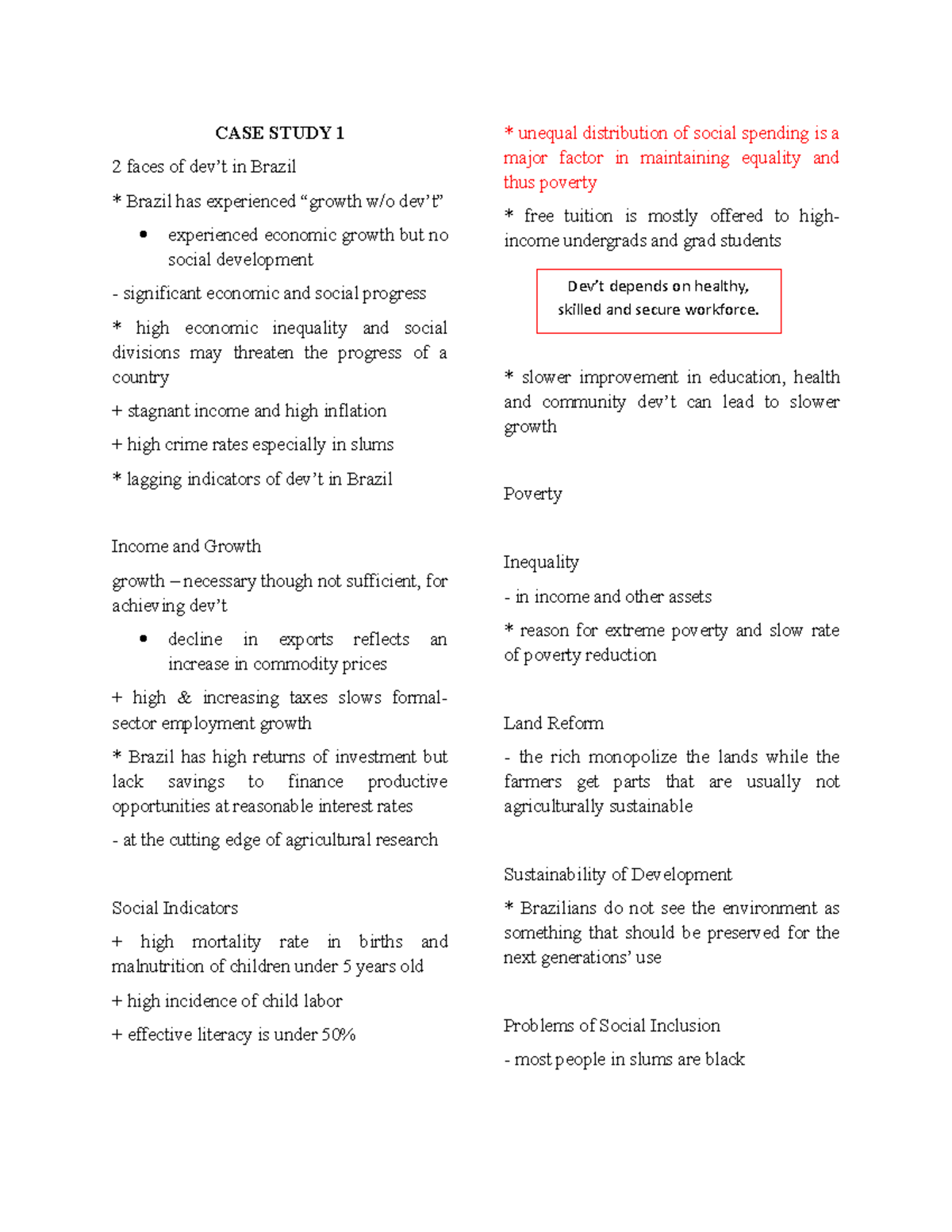 Case Study Notes - Poverty in Brazil - CASE STUDY 1 2 faces of dev’t in ...