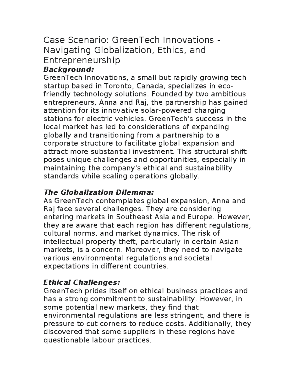 Case study - Case Scenario: GreenTech Innovations - Navigating ...