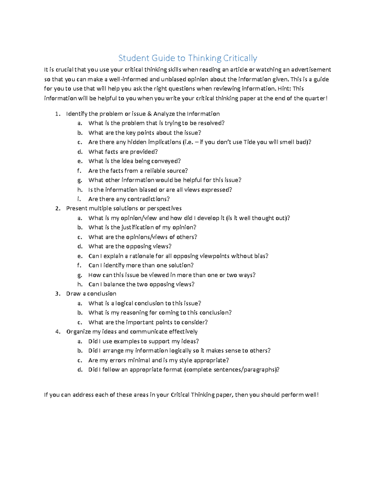Student Guide to Thinking Critically - This is a guide for you to use ...