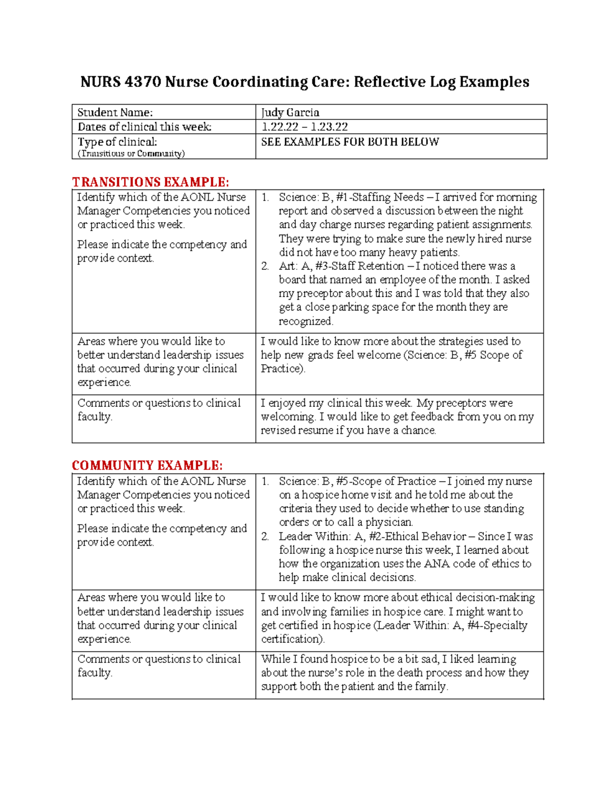 4370 Clinical Log Example - NURS 4370 Nurse Coordinating Care ...