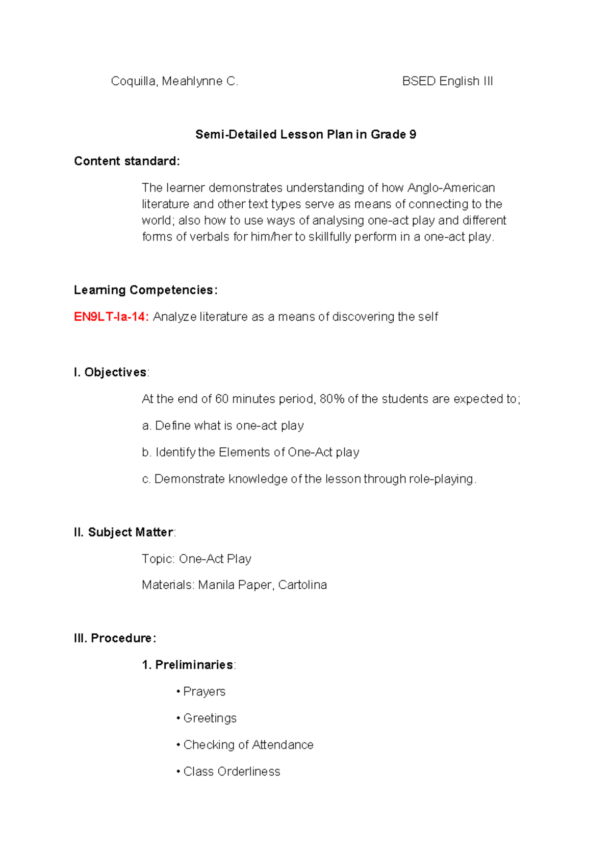 Lesson-PLAN - This is my work during internship - Coquilla, Meahlynne C ...