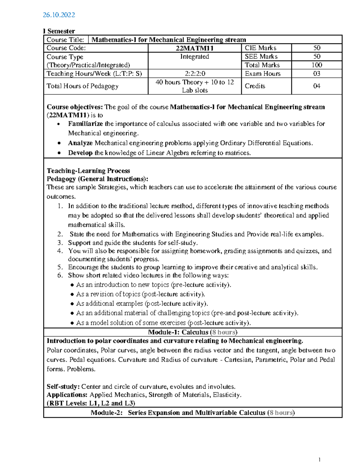 22MATM11 - Fgh - I Semester Course Title: Mathematics-I for Mechanical ...