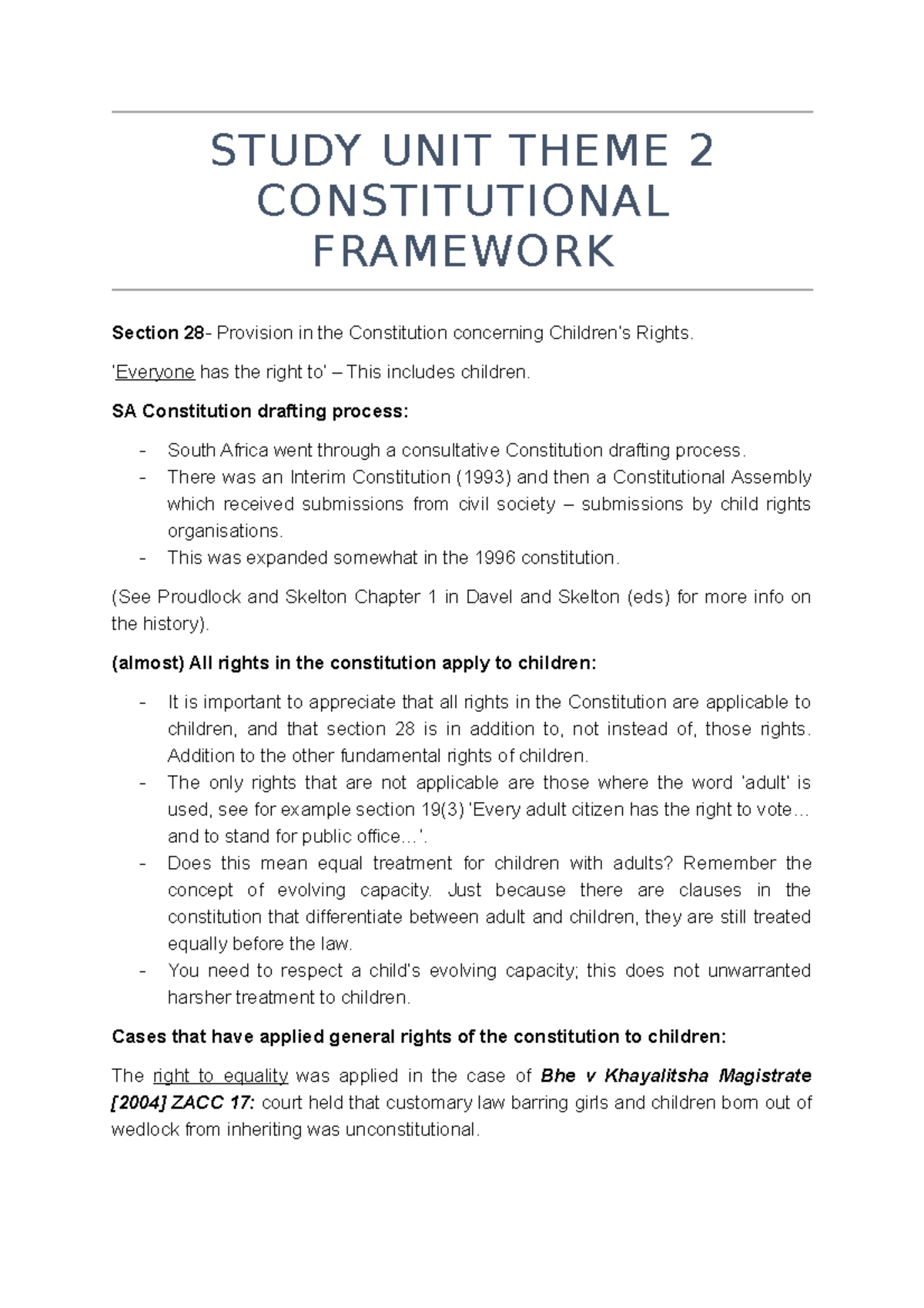 Lecture Notes - STUDY UNIT THEME 2 CONSTITUTIONAL FRAMEWORK Section 28 ...