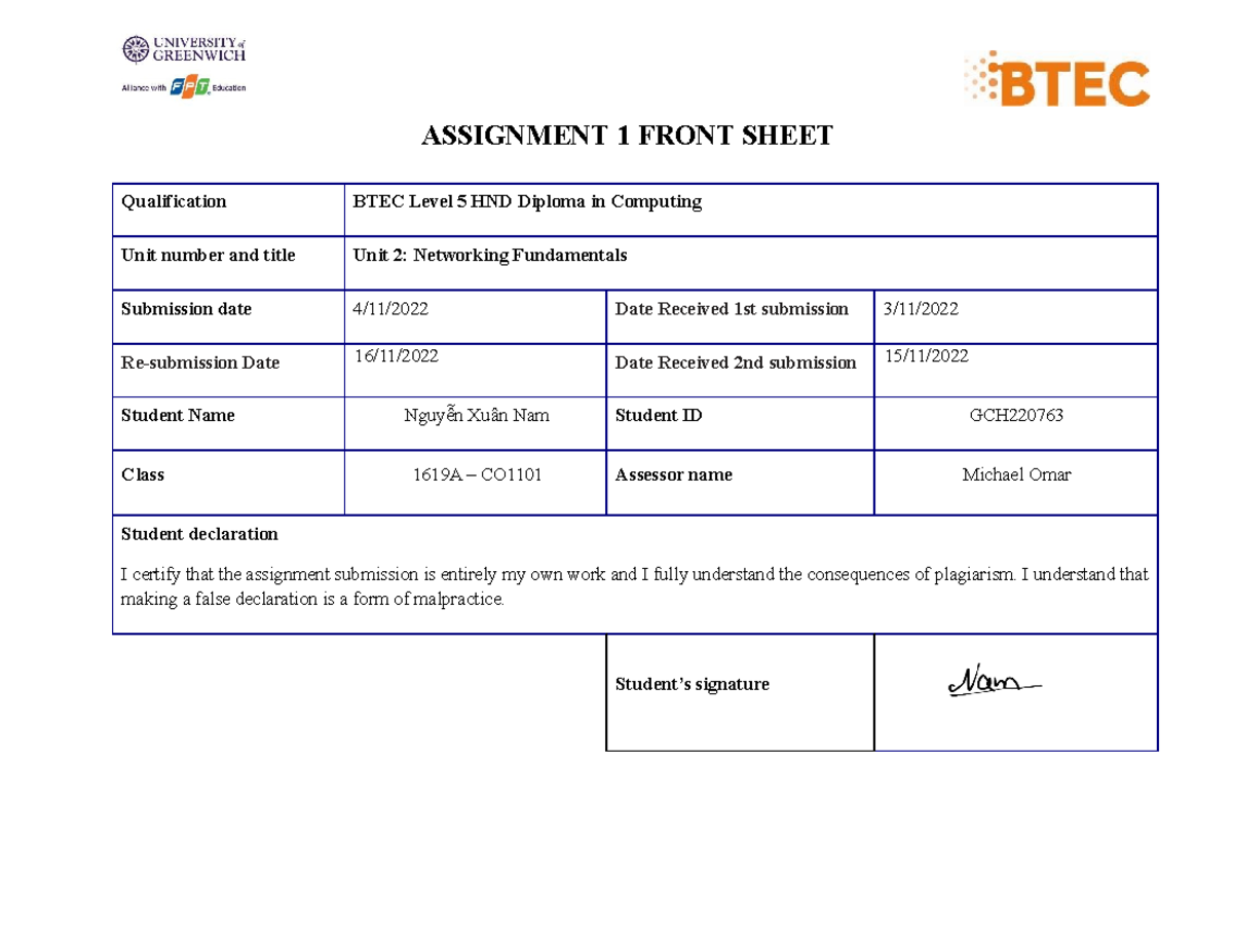 Assignment 1 Front Sheet - ASSIGNMENT 1 FRONT SHEET Qualification BTEC Level 5 HND Diploma in ...
