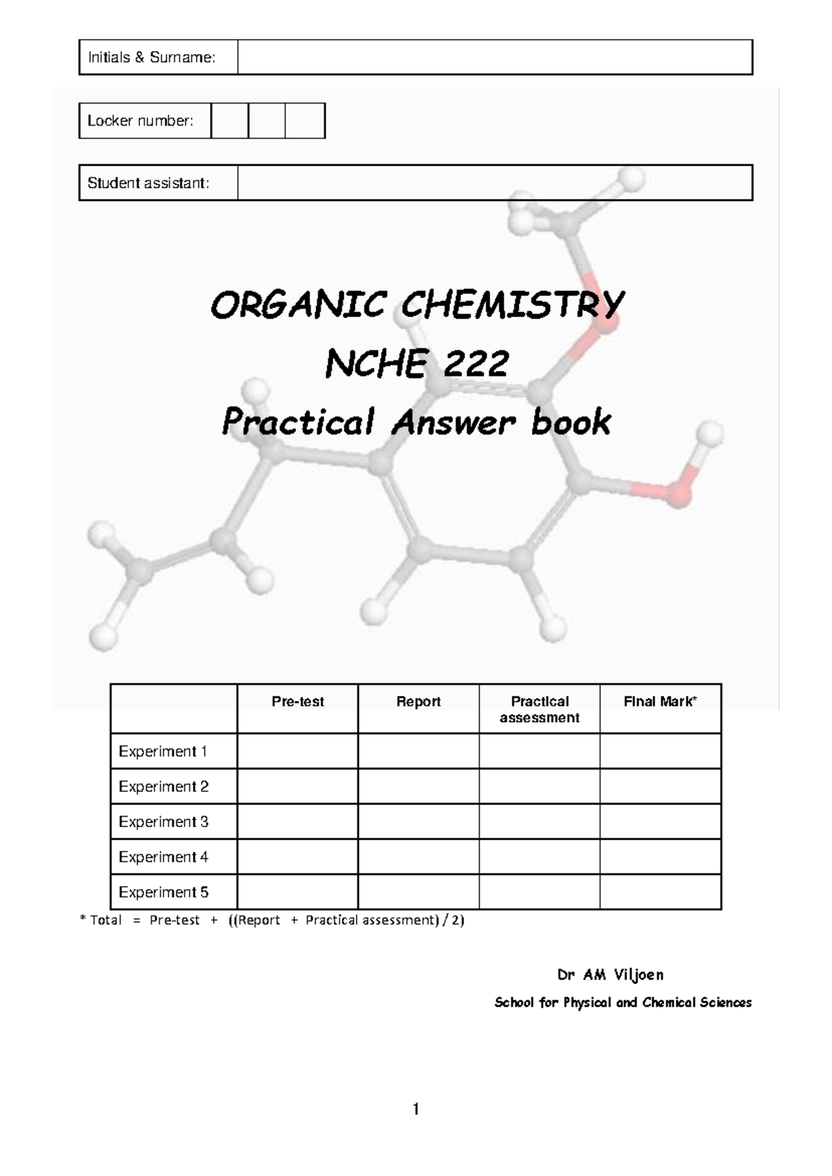 Experiment 1 Answer book Eng NCHE222 - NCHE 222 - 1 Initials & Surname ...