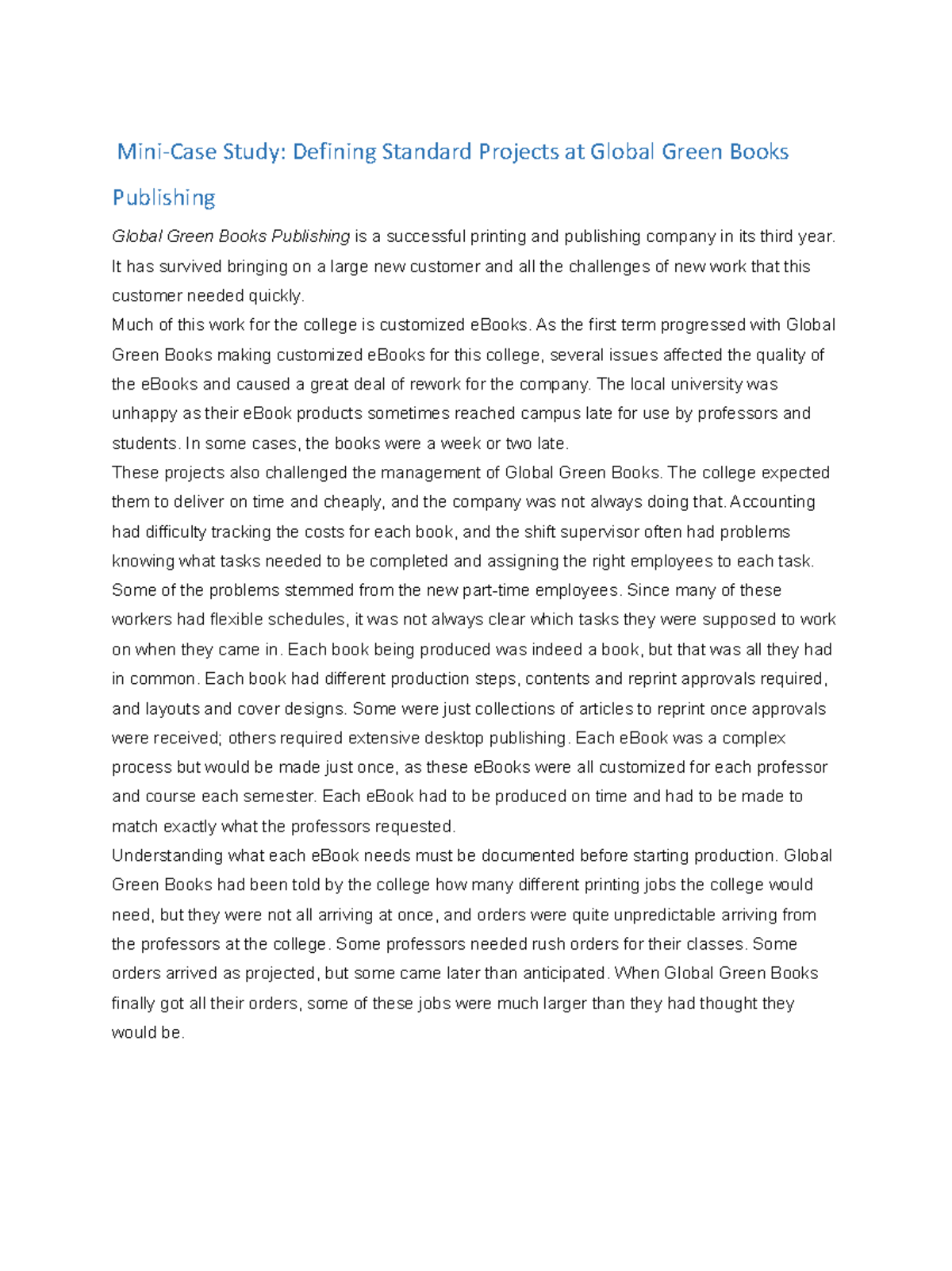 Mini-Case Study Scope Management - Mini-Case Study: Defining Standard ...