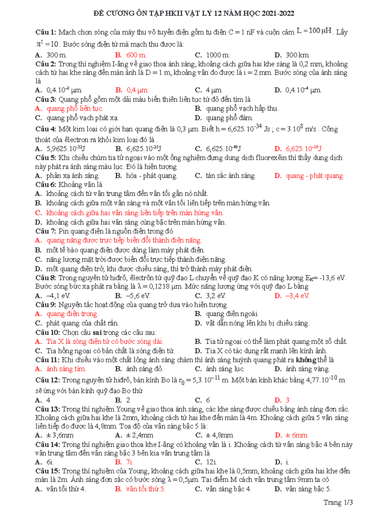 Đáp án đề cương VL12 2021-2022 - ĐỀ CƯƠNG ÔN TẬP HKII VẬT LÝ 12 NĂM HỌC ...