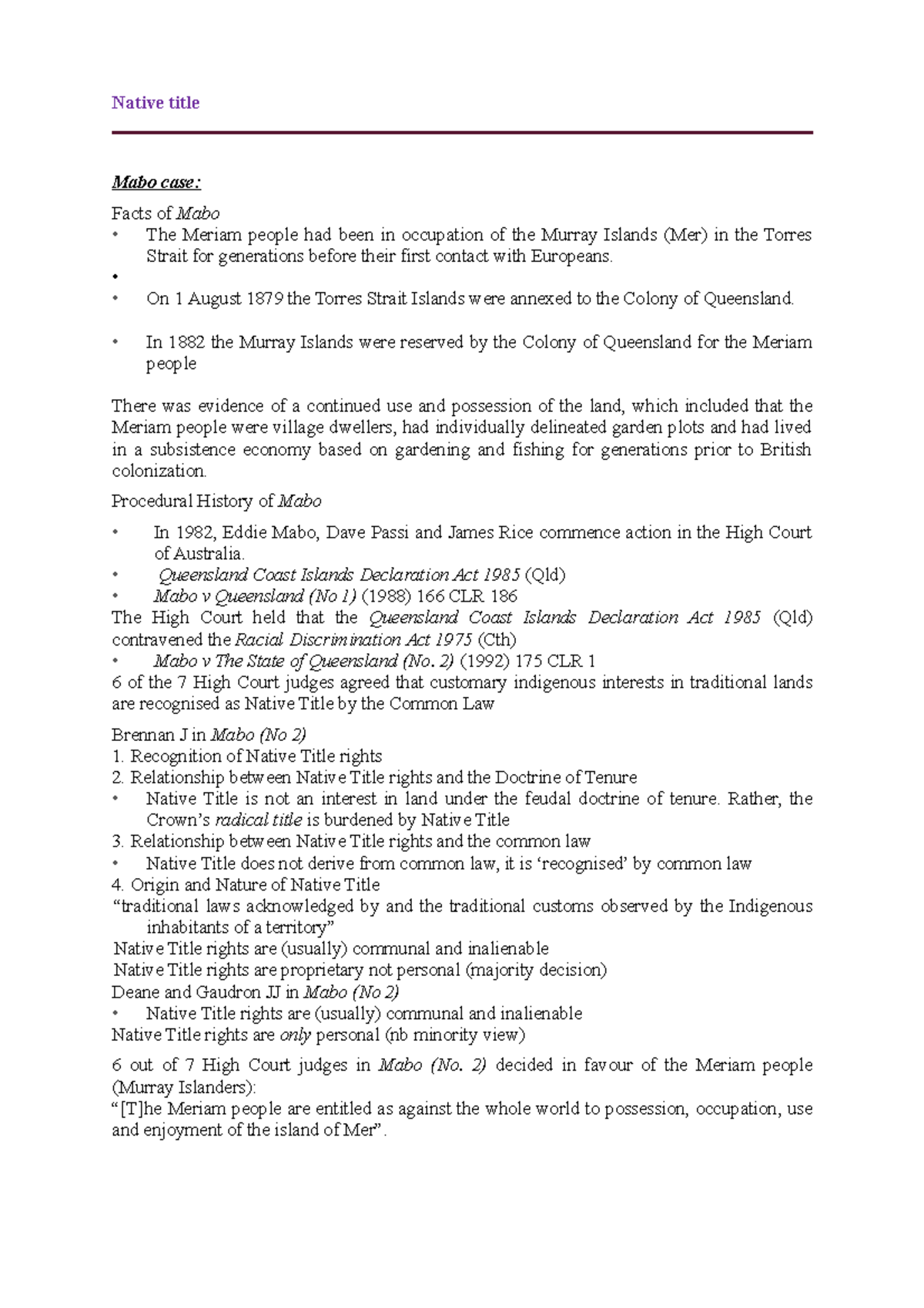 Native title - notes - Native title Mabo case: Facts of Mabo The Meriam ...