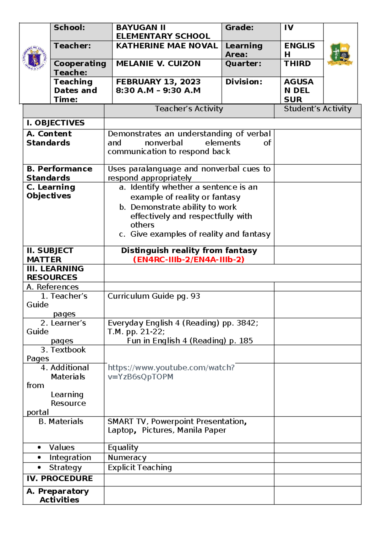 Eng 4 Reality & Fantasy - Detailed Lesson Plan - School: BAYUGAN II ...