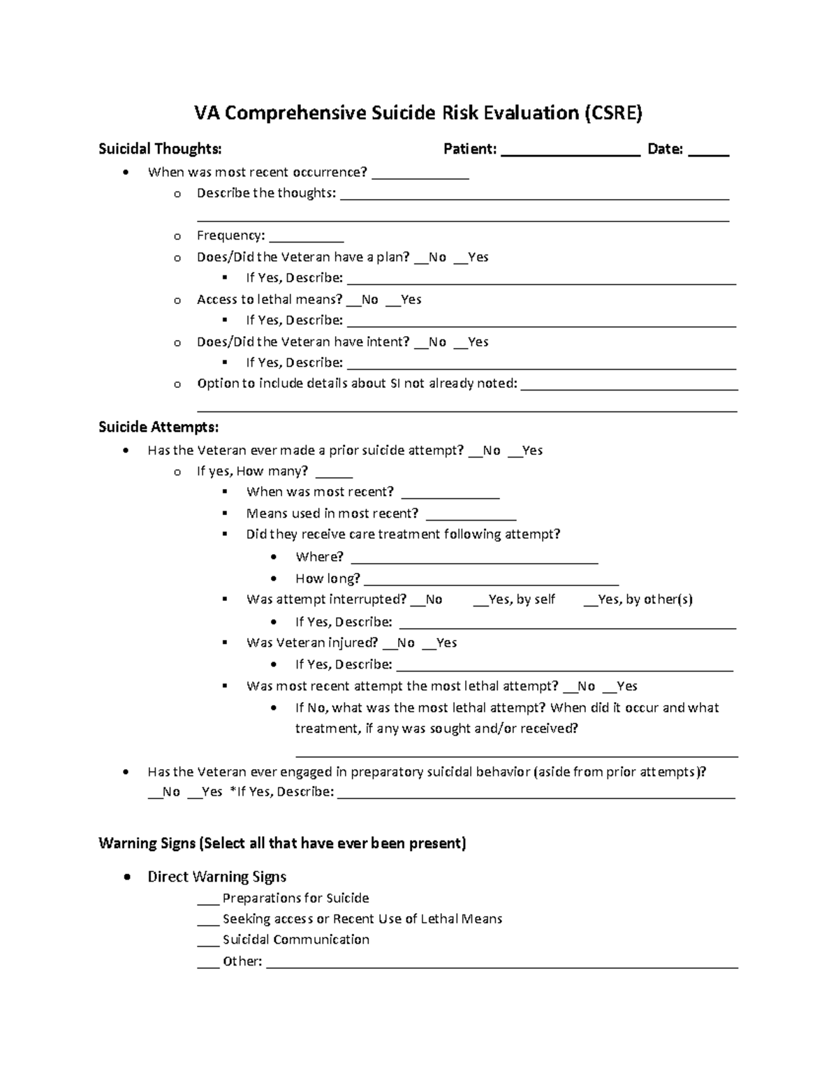 CSRE- Suicide Risk Evaluation Form - VA Comprehensive Suicide Risk ...