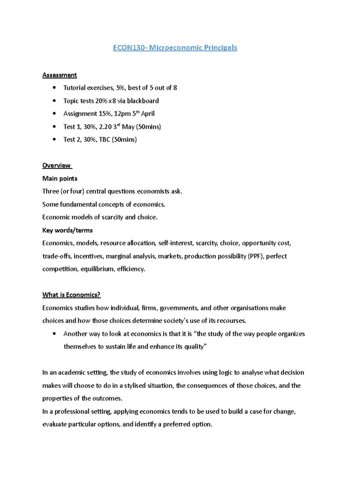ECON130 lecture 1-4 - ECON130- Microeconomic Principals Assessment Tutorial exercises, 5%, best ...