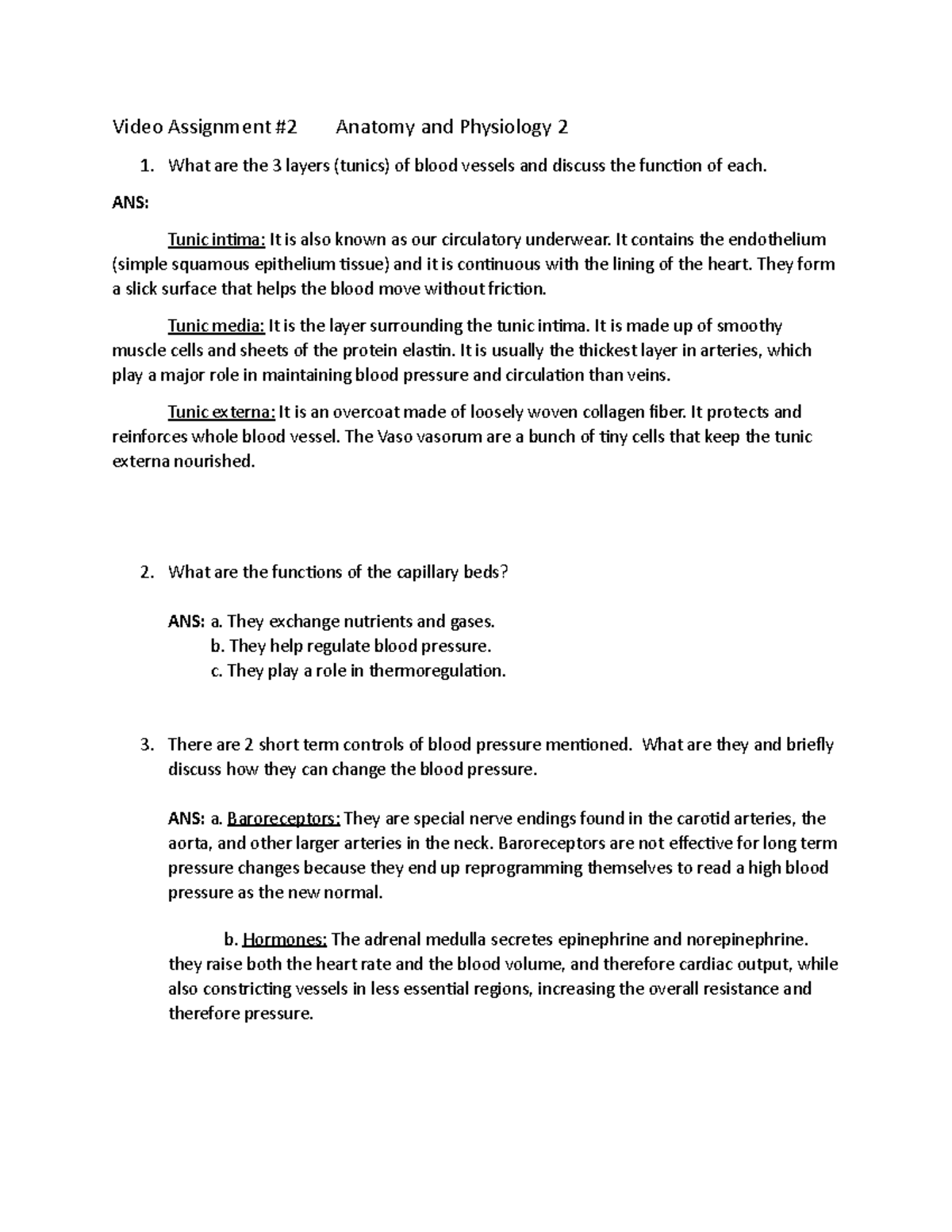Study guide on blood vessels - Video Assignment #2 Anatomy and ...