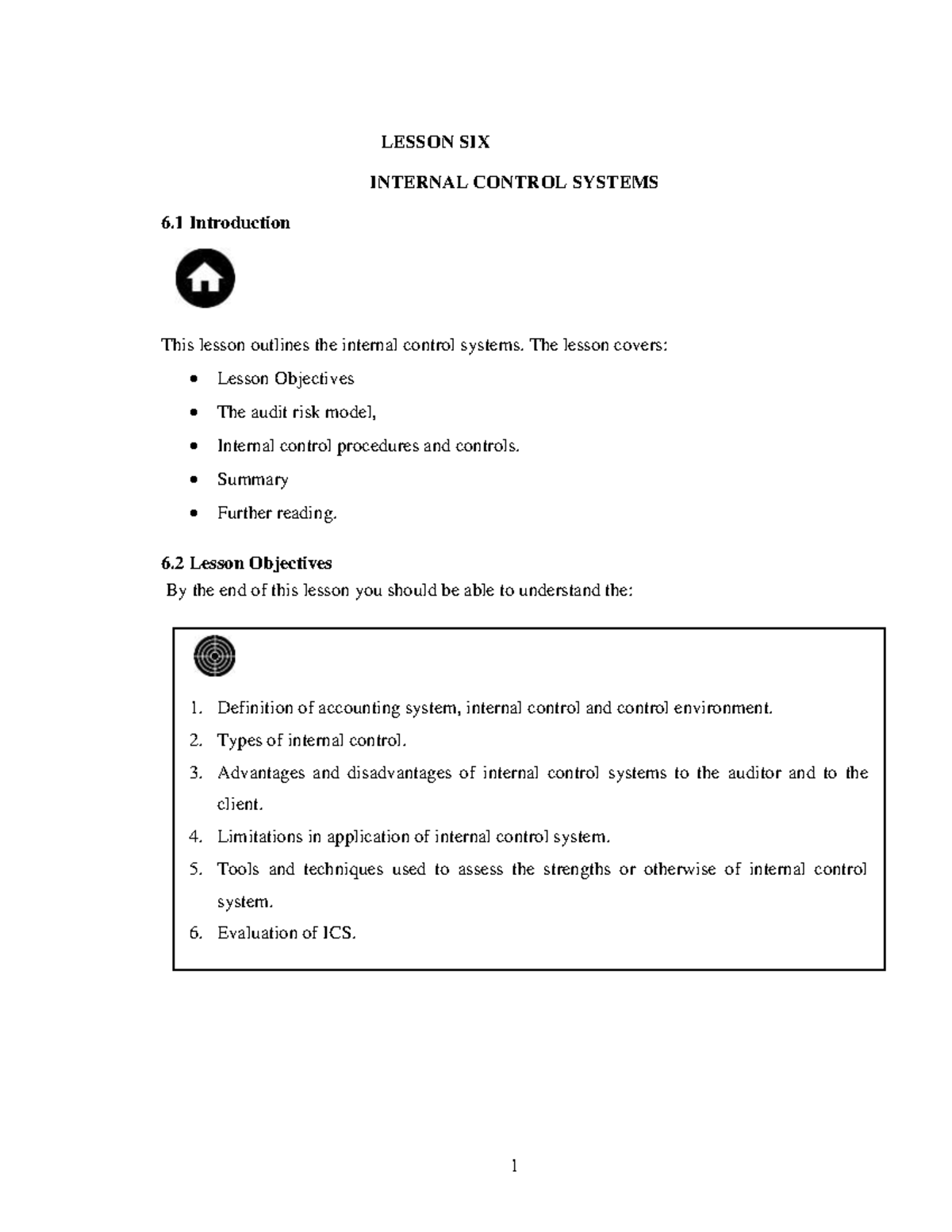 Lesson SIX - Notes - LESSON SIX INTERNAL CONTROL SYSTEMS 6 Introduction ...