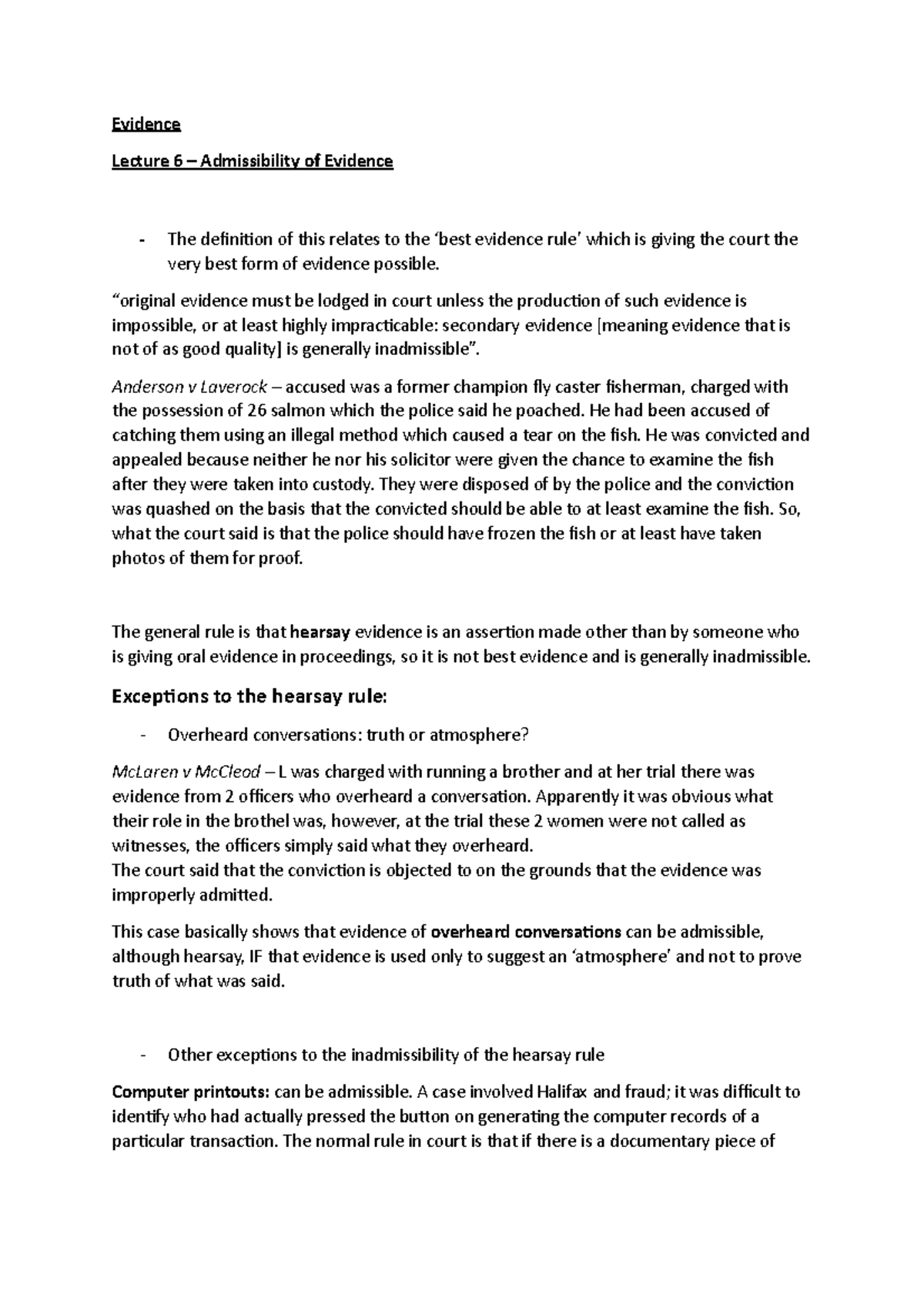 Lecture 6 - Admissibility of Evidence - Evidence Lecture 6 ...