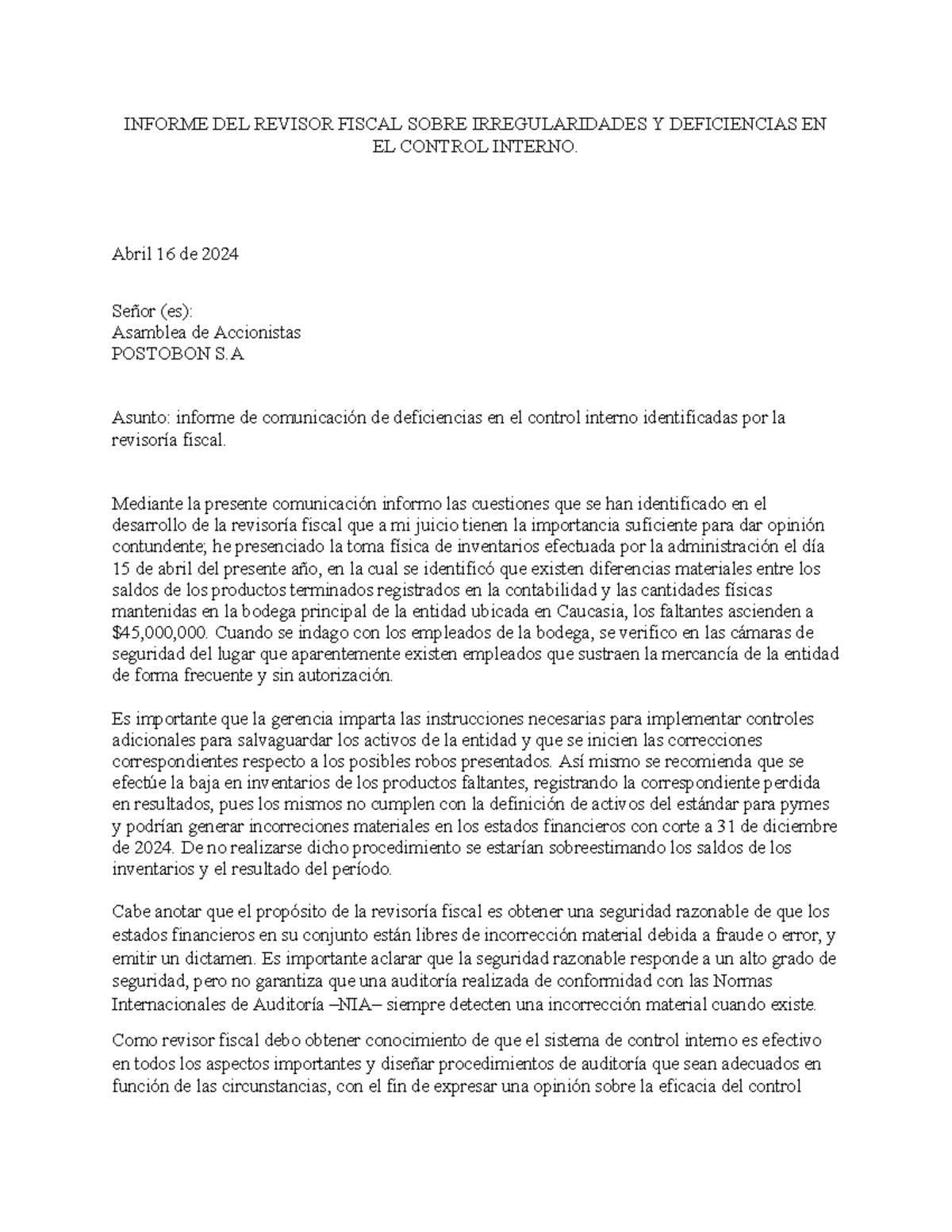 Informe Del Revisor Fiscal Sobre Irregularidades Y Deficiencias En El