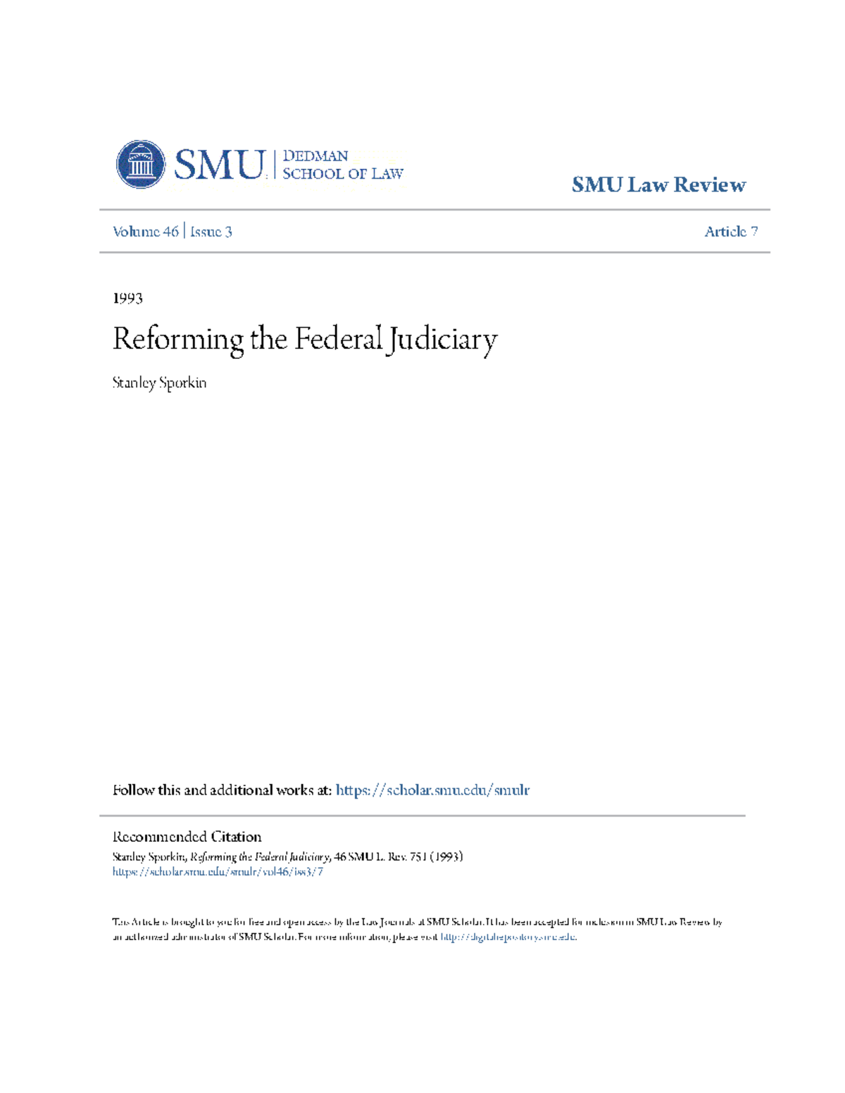 Reforming the Judicary by Stanley Sporkin - SMU Law Review Volume 46 ...