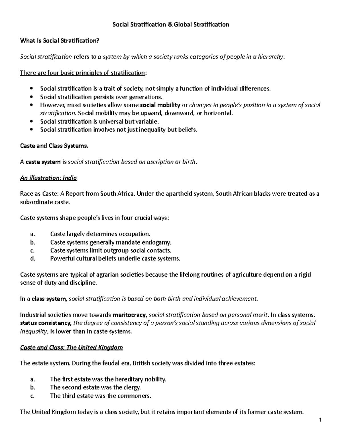Lecture 7 Social Stratification 2 - Social Stratification & Global ...