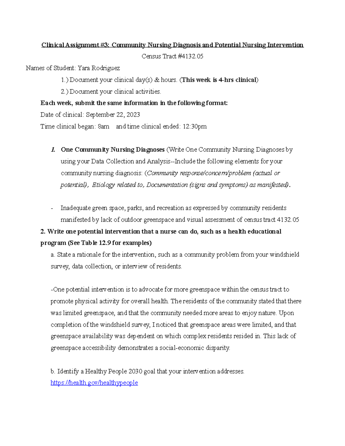 Clinical Assignment #3. Community Nursing Diagnosis and Potential ...