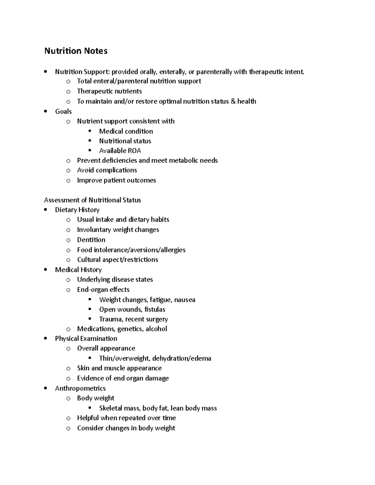 Nutrition Support Notes - Nutrition Notes Nutrition Support: provided ...